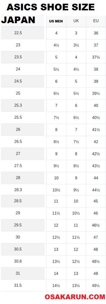 ASICS Japan sizing chart – OSAKA RUN